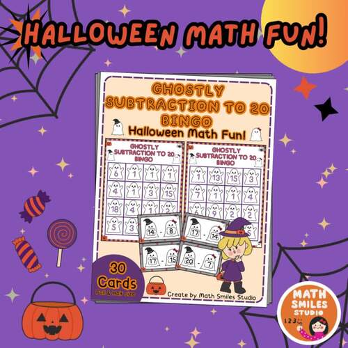 Ghostly Subtraction to 20 Bingo (4x4) | Halloween Math Game | 1st-2nd Grade