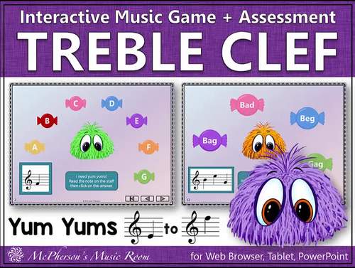 Treble Clef Note Names Interactive Music Game + Assessment {Yum Yums}