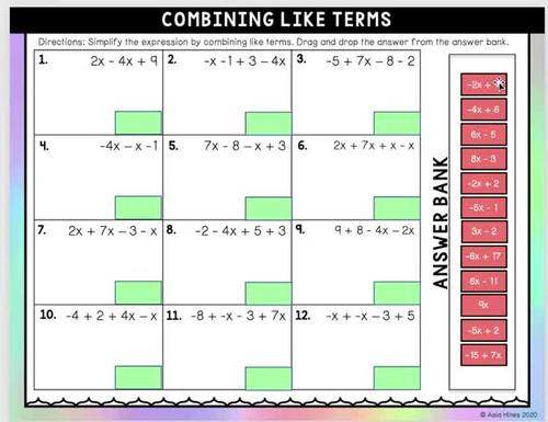 Combining Like Terms Worksheet by The Sassy Math Teacher | TPT