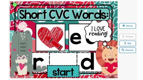 Valentine's Day Kindergarten Activity: CVC Words (Short vowels) BOOM CARDS
