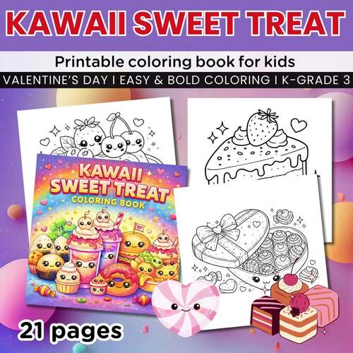 Kawaii Sweet Treat Coloring Pages & Book, Valentine’s Day & Holiday ...