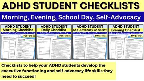 ADHD Student Checklists Executive Functioning Self Advocacy Secondary 7 ...