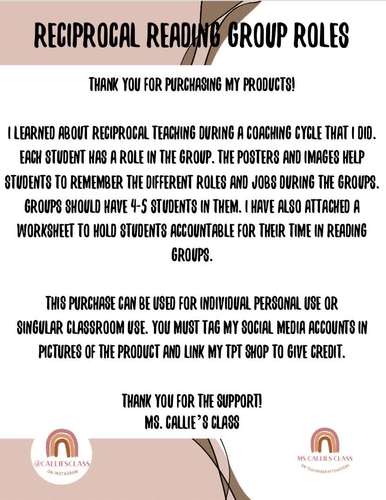 Reciprocal Reading Group Role Posters and Jobs by Ms Callies Class