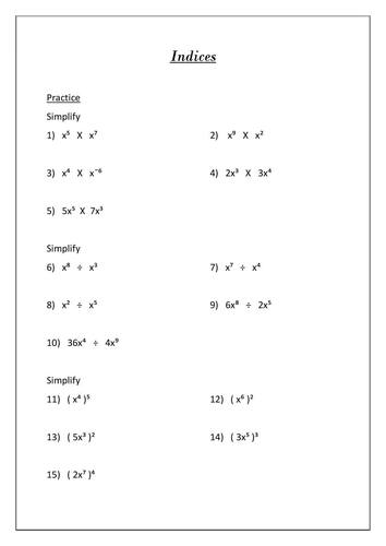 Maths Indices, Inequalities and Solving Equations Worksheets | TPT