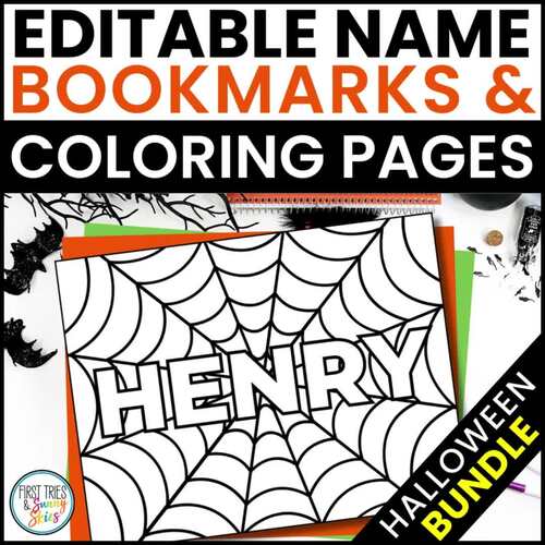 Editable Name Halloween Coloring Pages & Bookmarks Bundle Spiderweb Design