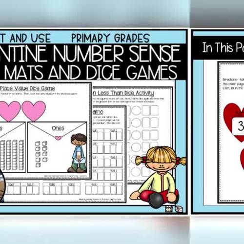 Number Sense Math Mat Activities and Dice Games for Valentines Day