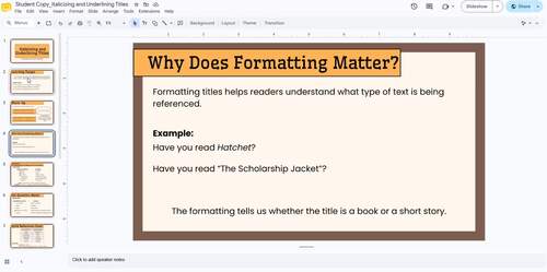 Italicizing and Underlining Titles Google Slides by Love and Literacy Lane