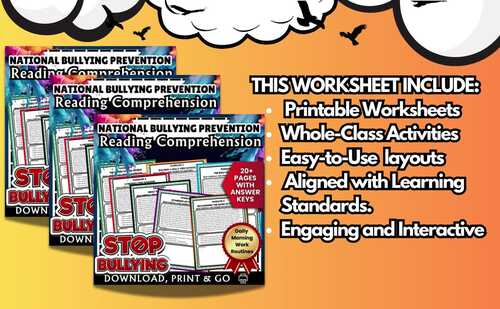 National Bullying Prevention Reading Comprehension Worksheets 5th,6th ...