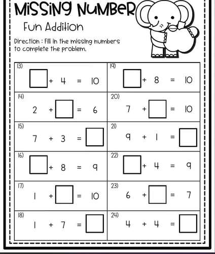 Missing addends to 10: Fun Addition Worksheets by Smiling Whiskers Edu ...