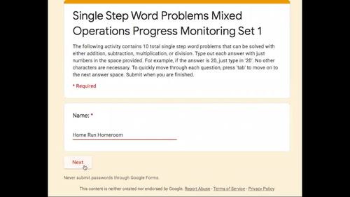 Single Step Word Problems Progress Monitoring Google Forms™ Mixed Operation