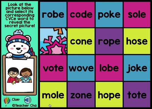 CVCe Word Comprehension Long O with Audio Winter Puzzle Reveal BOOM™ Cards