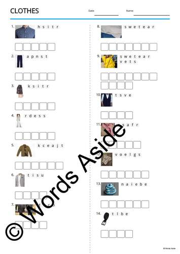 Vocabulary Worksheets Flash Cards Crossword Word Search Anagram CLOTHES