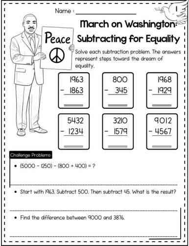 Martin Luther King Jr Math Printable: G3-5 Operations, Fractions & Data