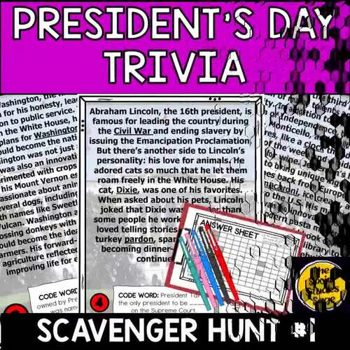 President's Day Trivia Scavenger Hunt - February Reading Comprehension ...