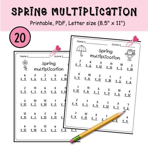 Spring multiplication worksheets | vertical format | 3rd grade | 40 page