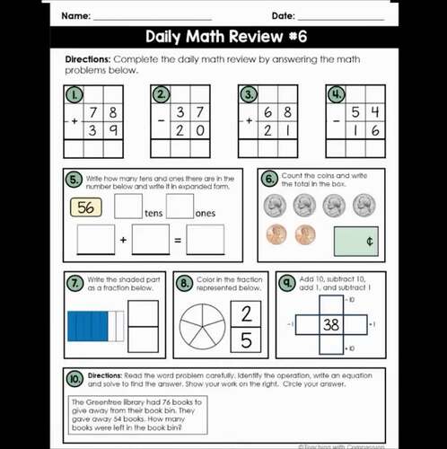 Daily Math Review Worksheets Grade 2 (2-digit numbers) Set 1 | TPT