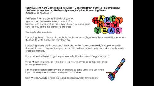 New Year's 2025 Activities Sight Word Game Boards Set 2 Editable for ...