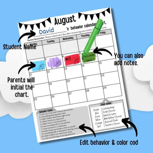 Monthly Behavior Chart for Kids | Editable Classroom Discipline Tracker