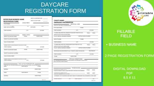 Daycare Registration Form by My Printable Life | TPT