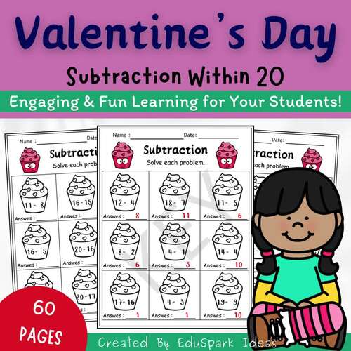 Valentine's Day Subtraction within 20 Worksheets -No Prep Subtraction ...
