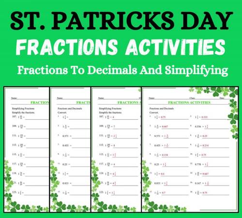 St. Patrick's Day Fractions & Decimals, Simplifying Fractions Activity ...