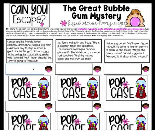 Figurative Language Digital Escape Room Self-Checking Reading Task Cards