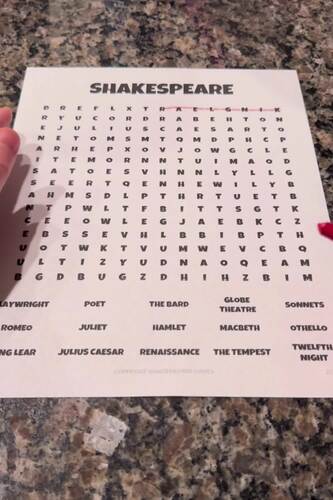William Shakespeare Word Search Worksheet Activity by Wanderboard Games