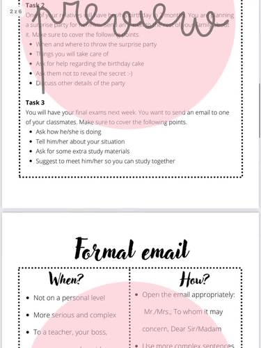 ESL writing cheat sheets with writing tasks Formal, Informal, Essay