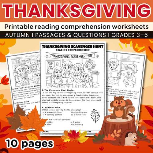Thanksgiving Scavenger Hunt Reading Comprehension Worksheets, Fall Activity