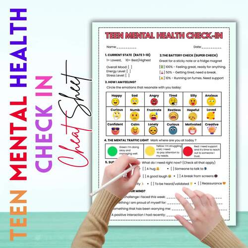 Teen Mental Health Check In Worksheet | Daily SEL Emotional Check-In