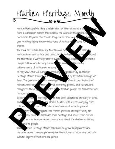 Haitian Heritage Month Comprehension Worksheet/Comprehension Questions ...