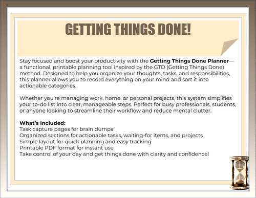 Getting Things Done planner for organizing tasks and boosting productivity
