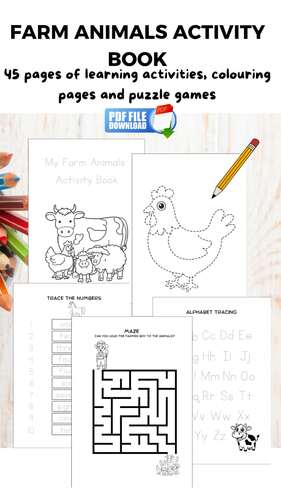 Farm Animals Activity Book, Coloring Pages, Puzzle Games, Learning ...