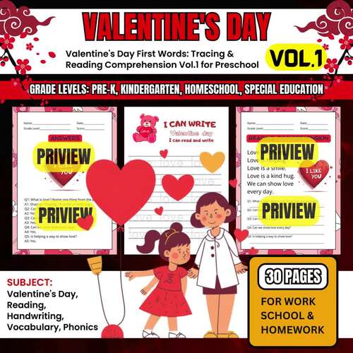 Valentine's Day First Words: Tracing & Reading Comprehension Vol.1 for ...