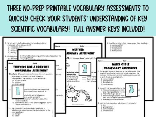 Science Vocabulary Assessments | Weather, Water Cycle | Quiz Test Review