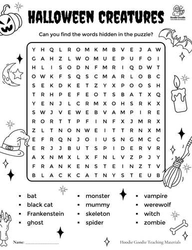 Halloween Word Search Set – Creatures & Objects (6 Puzzles Total)