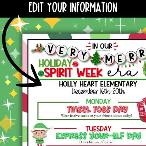 Holiday School Spirit Week Theme Calendar Flyer, PTA PTO Christmas ...