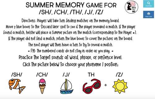 Summer Articulation Boom Cards™ for SH, CH, J, TH, Z Matching Game Late ...