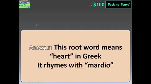 ROOT WORDS - Second Grade ELA JEOPARDY! handouts & Interactive PPT Gameboard
