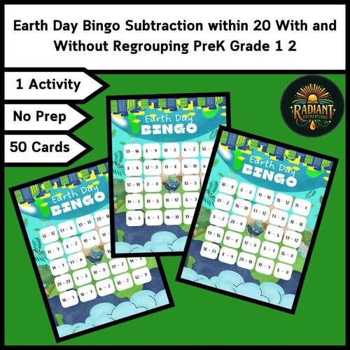Earth Day Bingo Subtraction within 20 With and Without Regrouping PreK ...