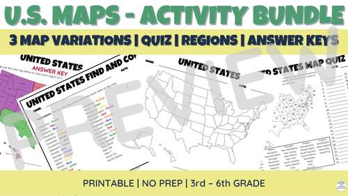 Blank Maps of the United States Regions Activities 3rd-6th Grade No ...