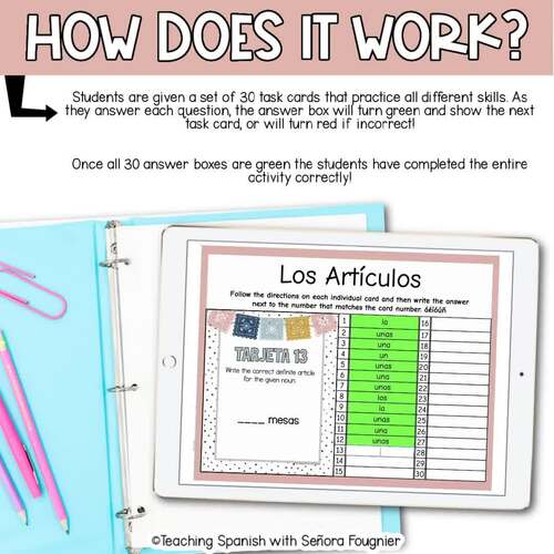 Spanish Articles Task Cards Self Assessing Digital | TPT