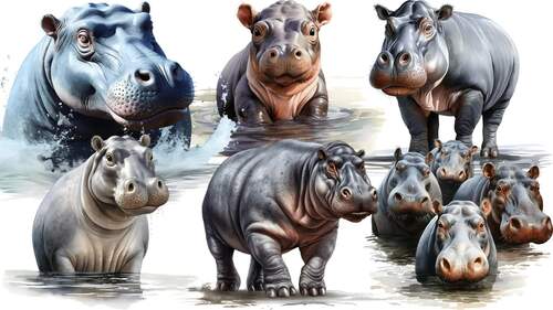 Watercolor Hippo Clipart Set of 20 Files by ArtisticTimberStudio