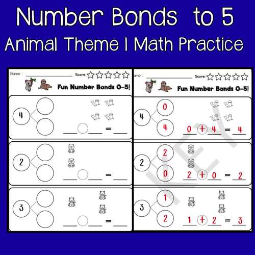 Animal Theme Number Bonds 0-5 Worksheets | Fun Preschool Math Practice
