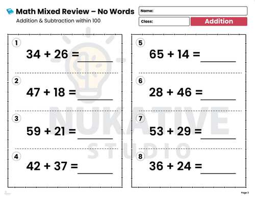 Math Mixed Review Worksheets | Addition & Subtraction Within 100 | No ...