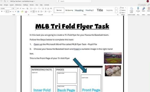 MLB Tri-Fold Flyer in MS Word Digital Literacy Baseball Task ELA turn key