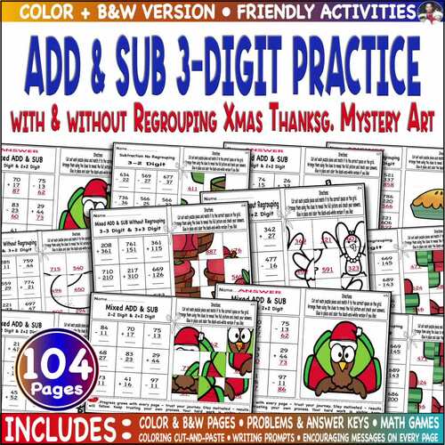3-Digit Add & Sub with & without Regrouping | Xmas Thanksg. Cut & Paste ...