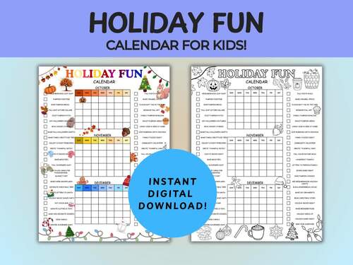 Holiday Activity Calendar for Halloween, Thanksgiving, and Christmas