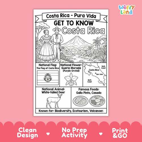 Costa Rica Country Study Geography Coloring Poster Worksheet Facts Activity