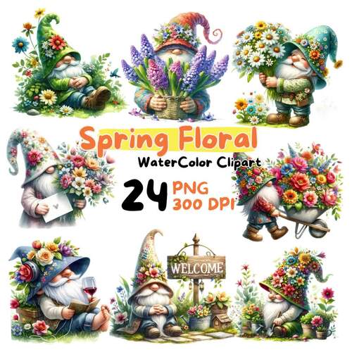 Spring Floral Gnome Watercolor Clipart - 24 PNG Set | TPT
